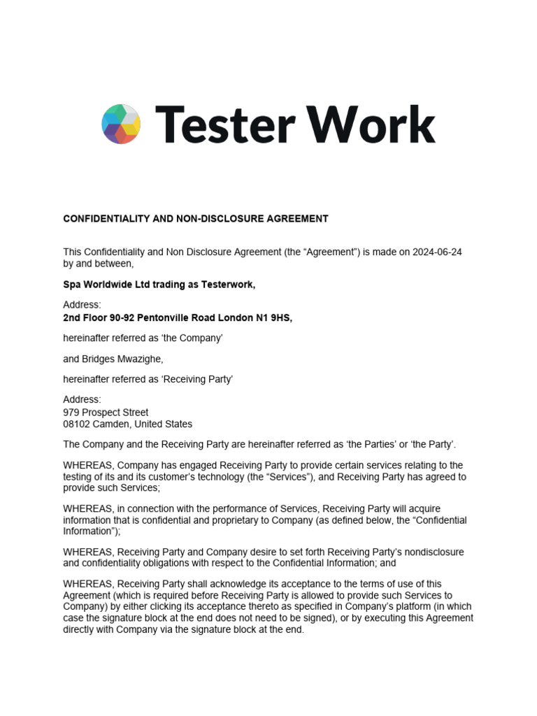 Tester Work Confidentiality and Non Disclosure Agreement | PDF | Trade ...