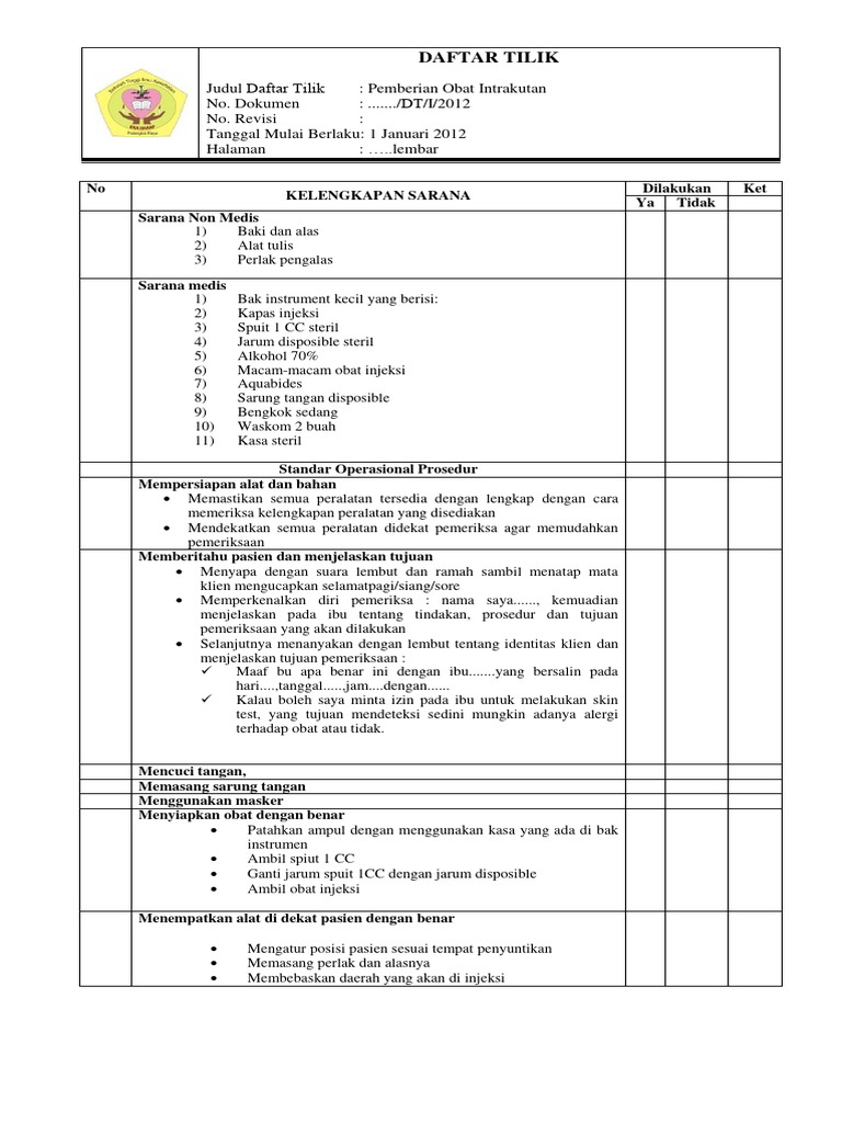 Daftar Tilik Pemberian Obat Intrakutan | PDF