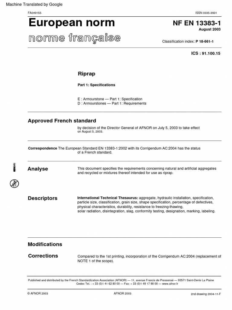 NF EN 13383-1: Riprap Specifications | PDF | Particle Size Distribution ...
