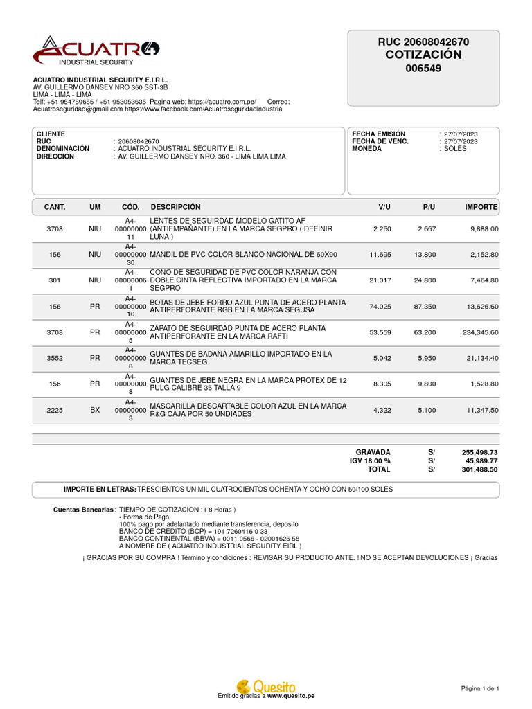 PDF Cotizacion 6549 | PDF | Bancario | Servicios financieros