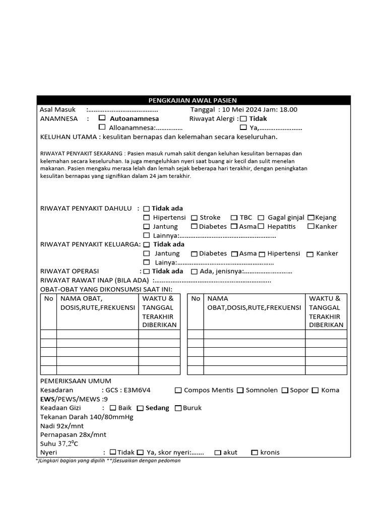 Pengkajian Awal Pasien Rawat Inap | PDF