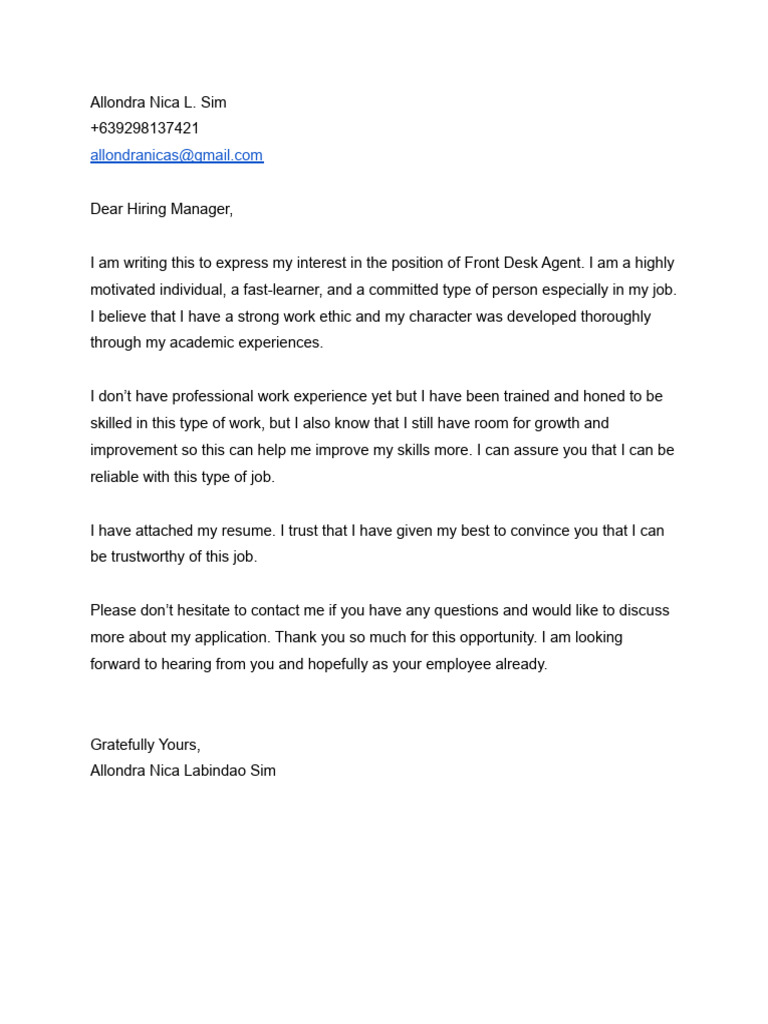 Front Desk Agent Application Letter | PDF | Career & Growth