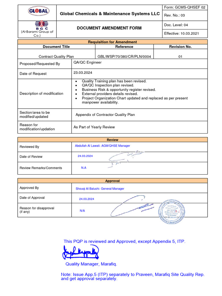 Contractor Quality Plan Marafiq Fiz Project Duqm - Approved | PDF ...