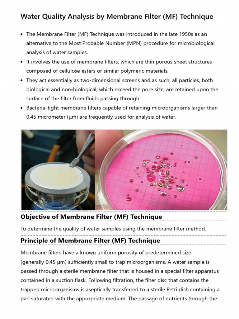Water Analysis by Membrane Filter Method | PDF