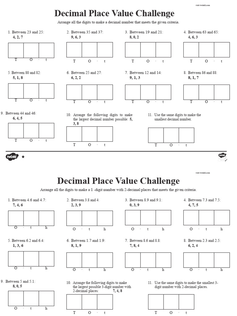 t2 M 4768b Decimal Place Value Challenge Differentiated Activity Sheet ...