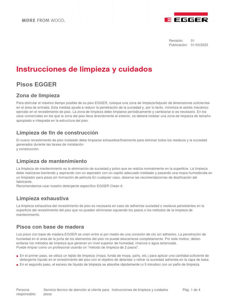 PI EGGER Flooring Cleaning and Care Instructions ES | PDF | Agua ...