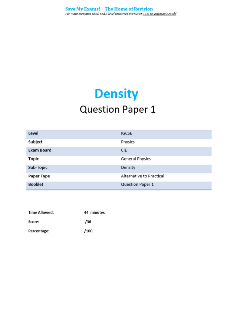 14.1 Density CIE IGCSE Physics Practical QP | PDF | Density | Volume 14.1 Density CIE IGCSE Physics Practical QP | PDF | Density | Volume