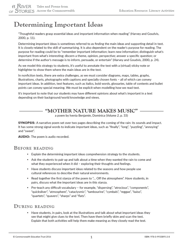 Aros - Literacy Activities - Determining Important Ideas | PDF ...