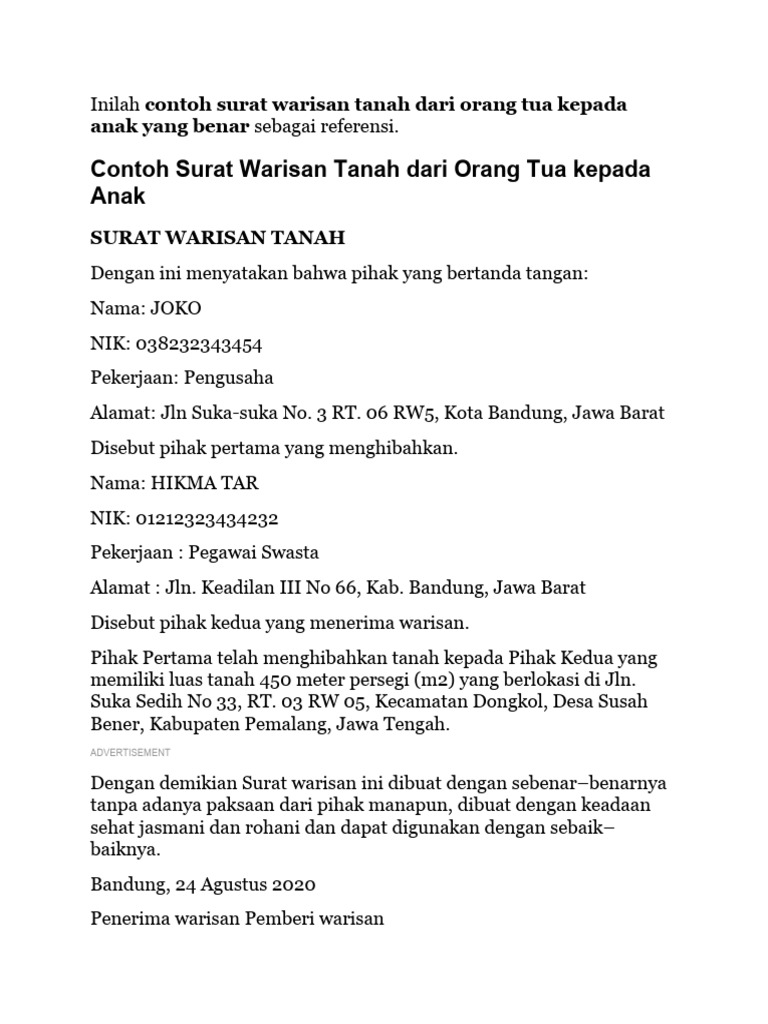 Contoh Surat Warisan Tanah | PDF