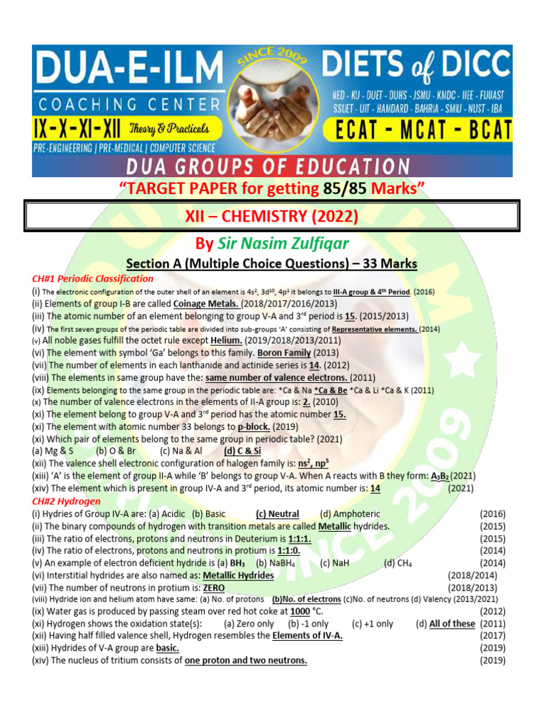 XII Chem Target Paper (Sir Nasim Zulfiqar) | PDF | Hydride | Periodic Table