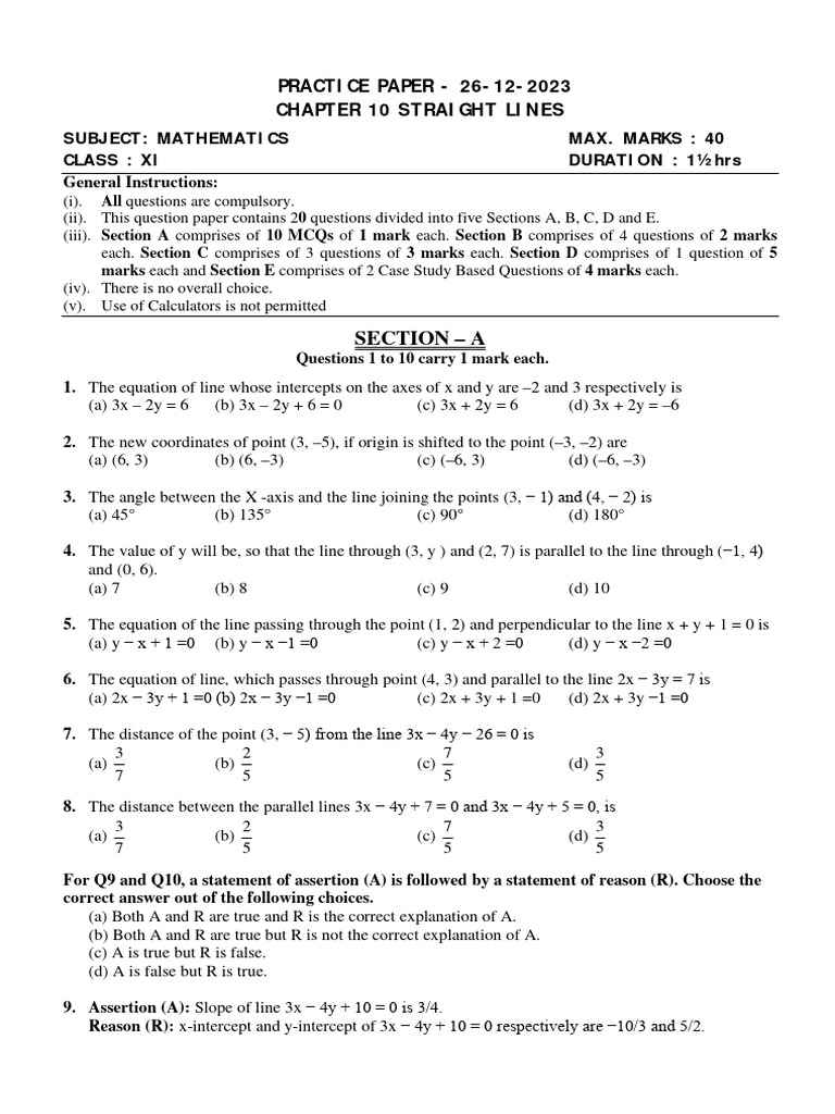 STRAIGHT LINES TEST PAPER | PDF | Triangle | Analytic Geometry