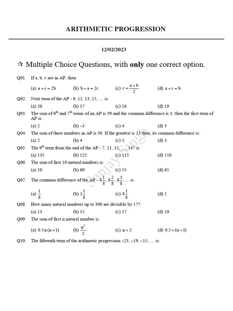 AP and Quadratic Equation MCQs | PDF | Zero Of A Function | Equations