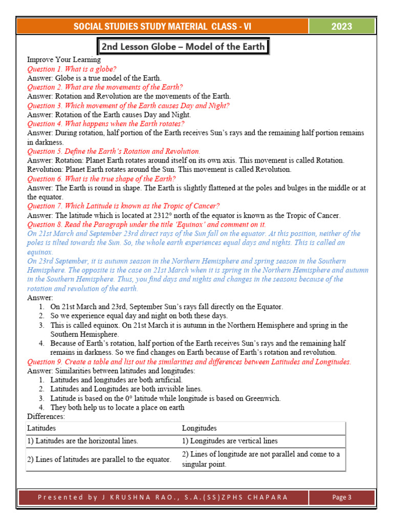 6th Social Studies Study Material | PDF | Night | Equator