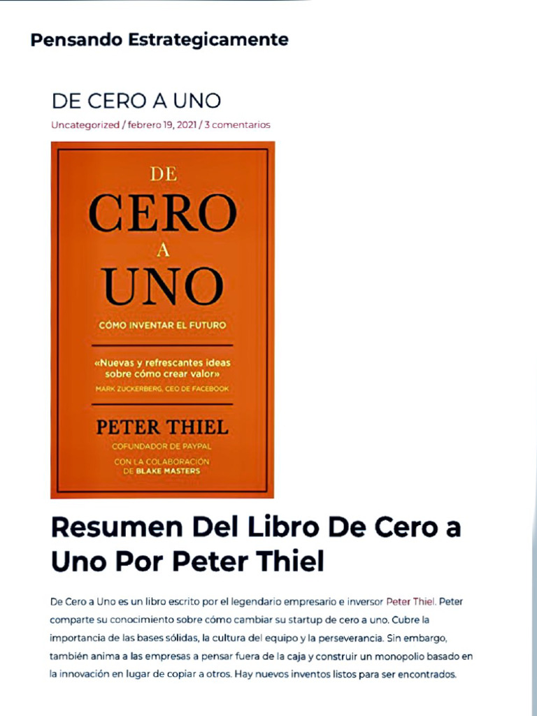 De Cero A Uno - Resumido Peter Thiel | PDF