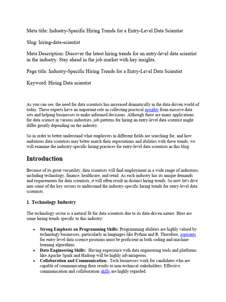 Industry-Specific Hiring Trends For A Entry-Level Data Scientist | PDF ...