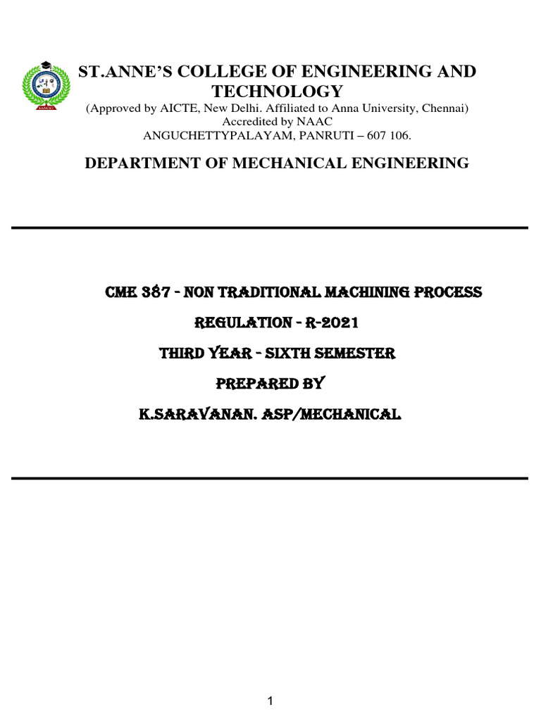Cme387 Non Traditional Machiningprocesses 1834150622 NTMP Notes ...