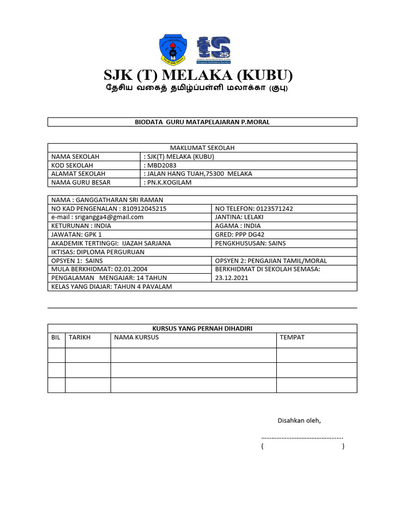 Borang Maklumat & Jadual Guru | PDF