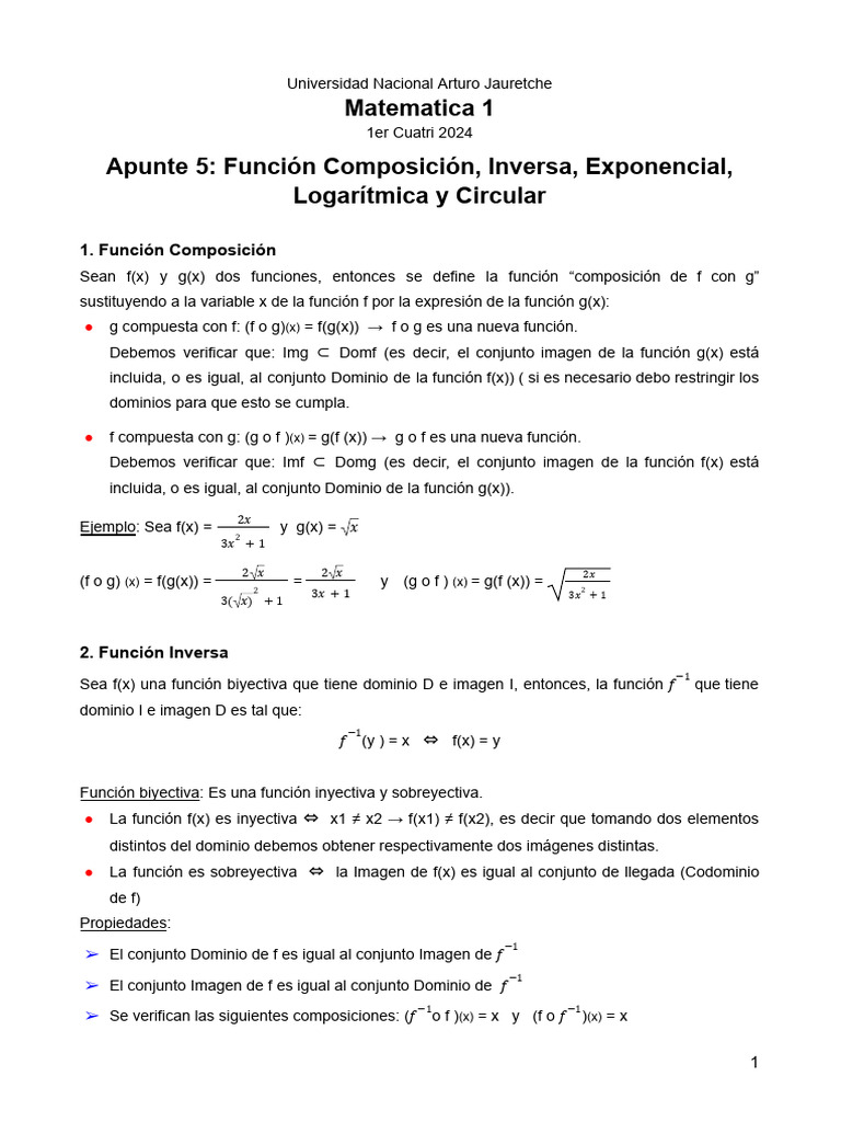 Apunte 5 - Funcion Composicion, Inversa, Exponencial, Logaritmica y Circular | PDF | Función ...