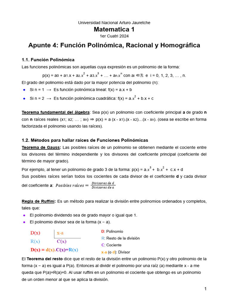 Apunte 4 - Funcion Polinómica, Racional y Homográfica | PDF | División ...