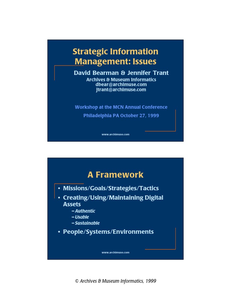 Strategic Information Management: Issues: David Bearman & Jennifer ...