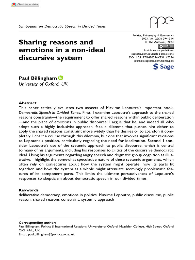 Sharing reasons and emotions in a non-ideal discursive system | PDF ...