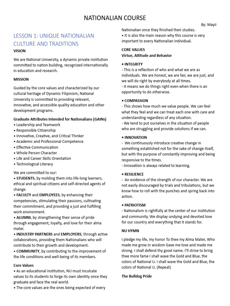 National University Core Values and Culture | PDF | Democracy ...