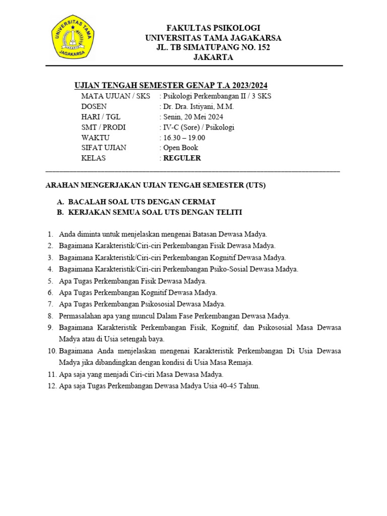 Soal Uts Psikologi Perkembangan II Sore - 2024 | PDF | Pengembangan Diri