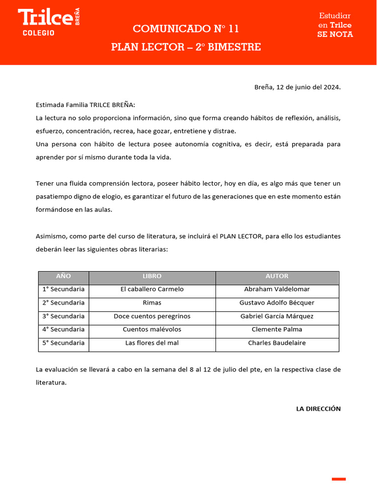 Comunicado N 11 Plan Lector | PDF