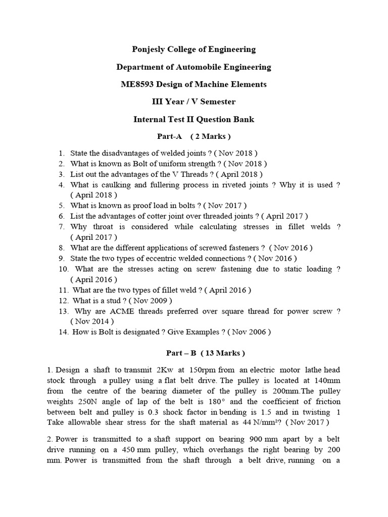 Dme Question Bank - Ii | PDF | Belt (Mechanical) | Screw
