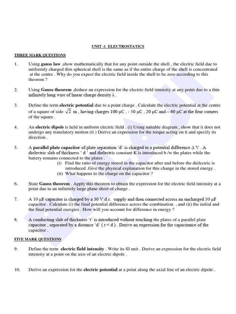 3marks 5 Marks Phy Questions | PDF | Capacitor | Electric Field