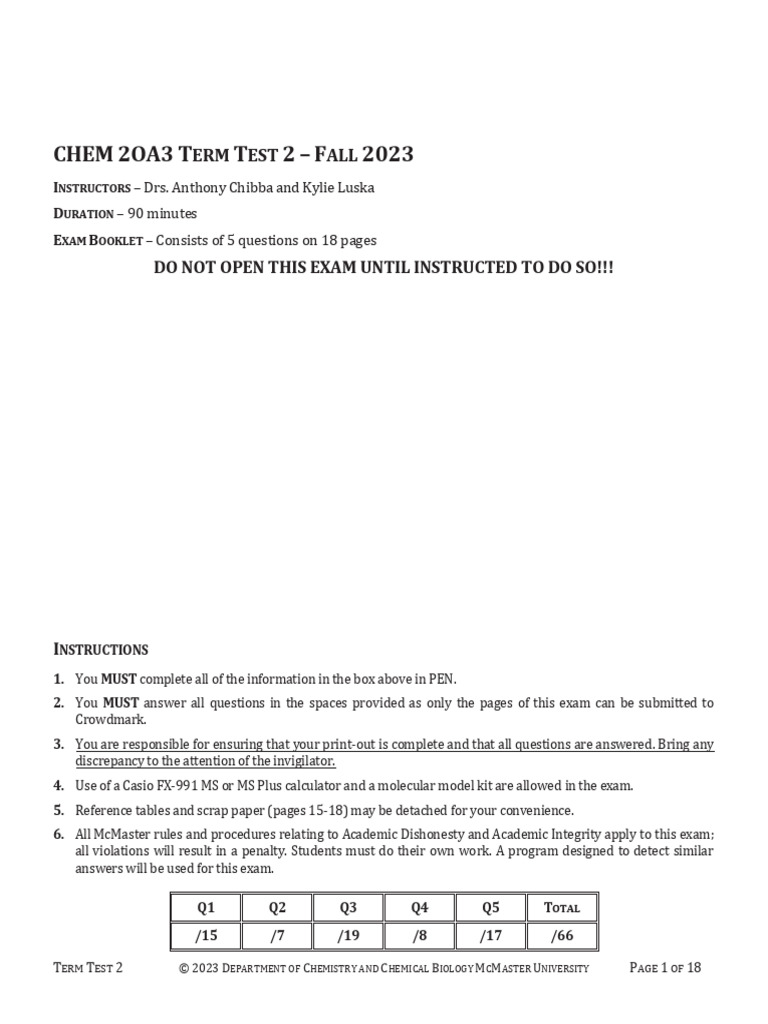2OA3 Term Test 2 Fall 2023 Version 1 | PDF