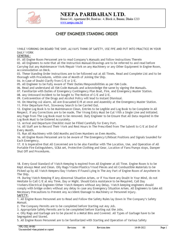 Standing Order Chief Engineer | PDF | Safety