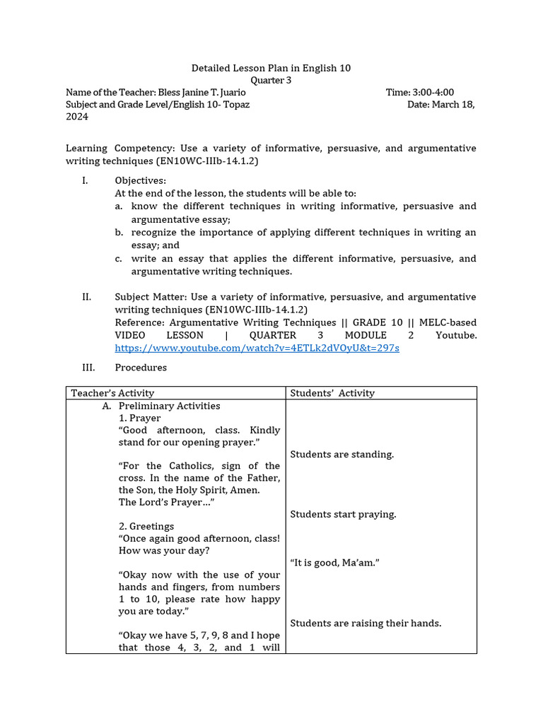 Detailed Lesson Plan in English (Argumentative Essay) | PDF | Essays ...