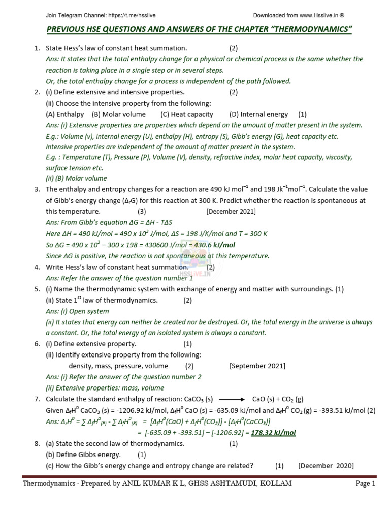 Hsslive Xi Chem CH 6. Thermodynamics Q & A | PDF | Enthalpy | Heat