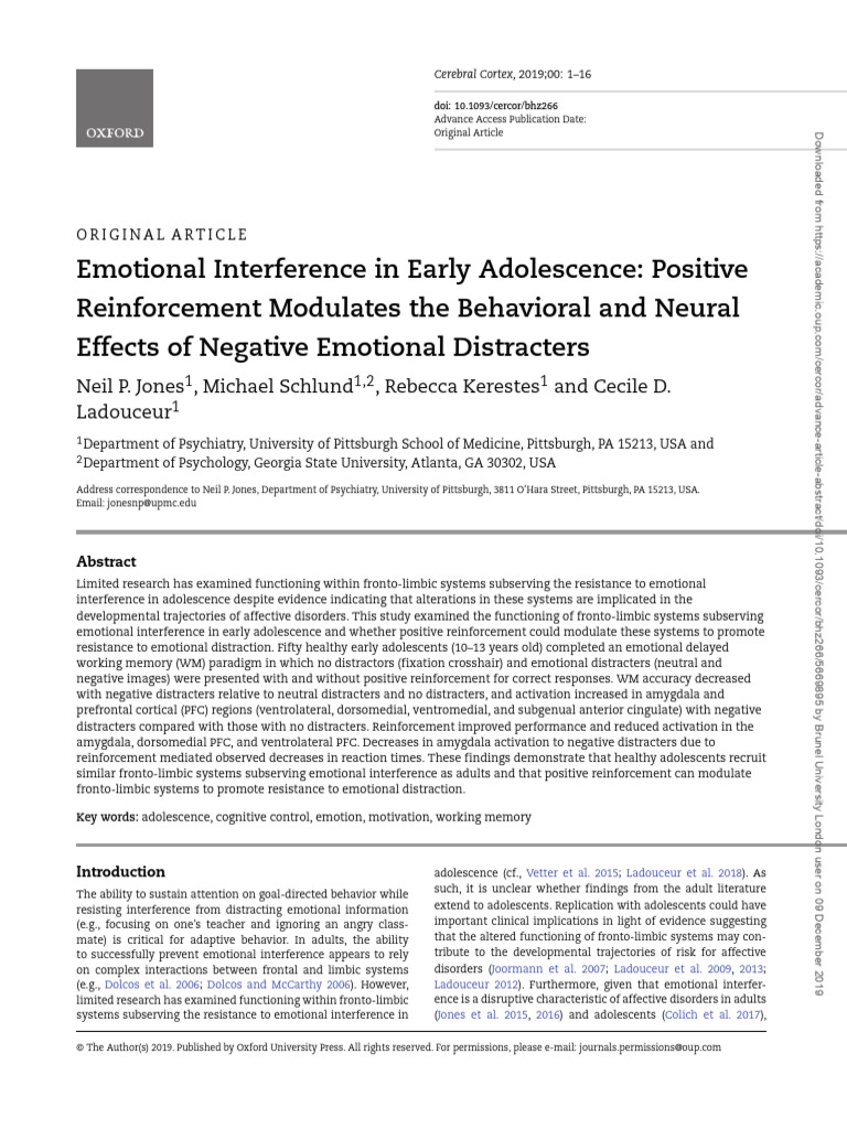 Emotional Interference in Early Adolescence-Positive Reinforcement ...