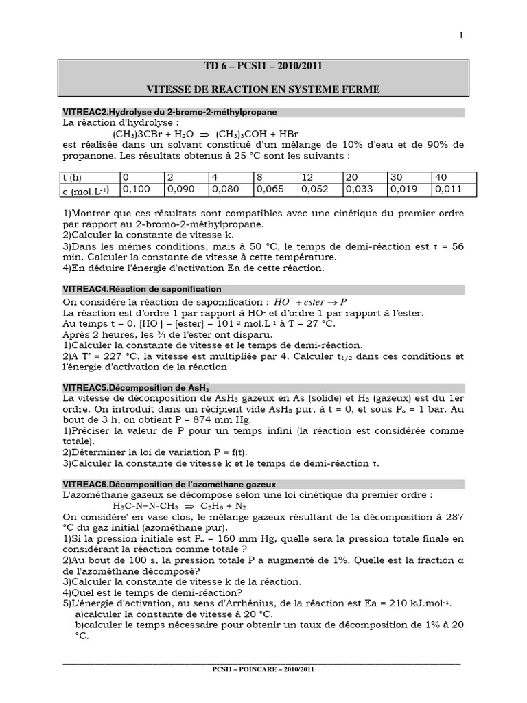TD 6 - PCSI1 - 2010/2011 Vitesse de Reaction en Systeme Ferme | PDF ...