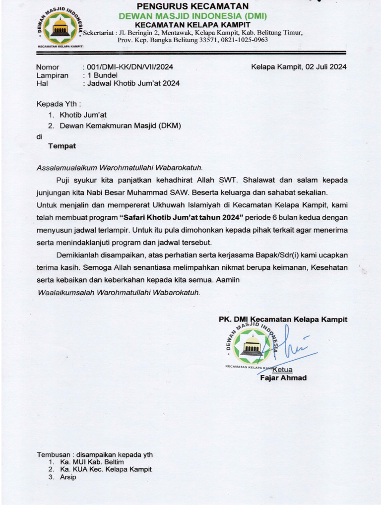 Surat Pengantar Jadwal Khotib Jumat DMI Kecamatan Kelapa Kampit 2024 SEM II | PDF