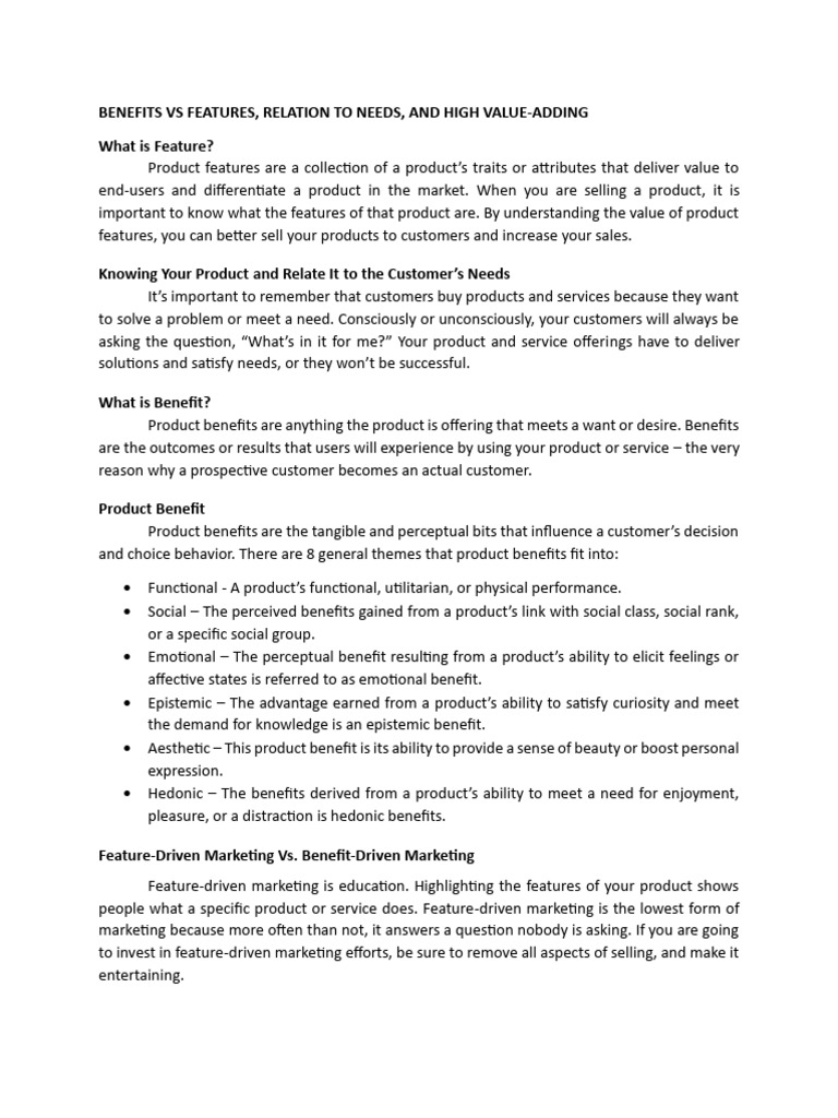 Benefits Vs Features | PDF | Marketing | Curiosity Benefits Vs Features | PDF | Marketing | Curiosity