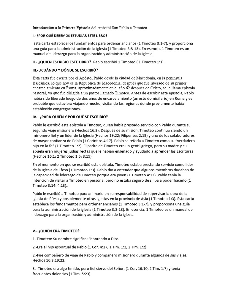Introducción A La Primera Carta de Timoteo . | PDF | Pablo el apóstol ...