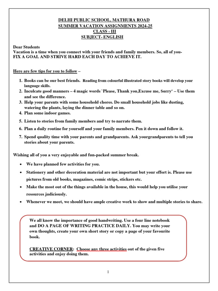 Summer Assignments for Class III Students | PDF | Subtraction