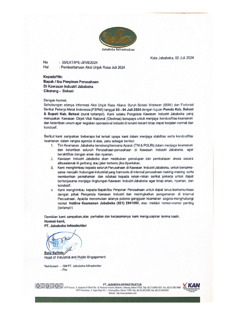 Pemberitahuan Aksi Unjuk Rasa Juli 2024 | PDF