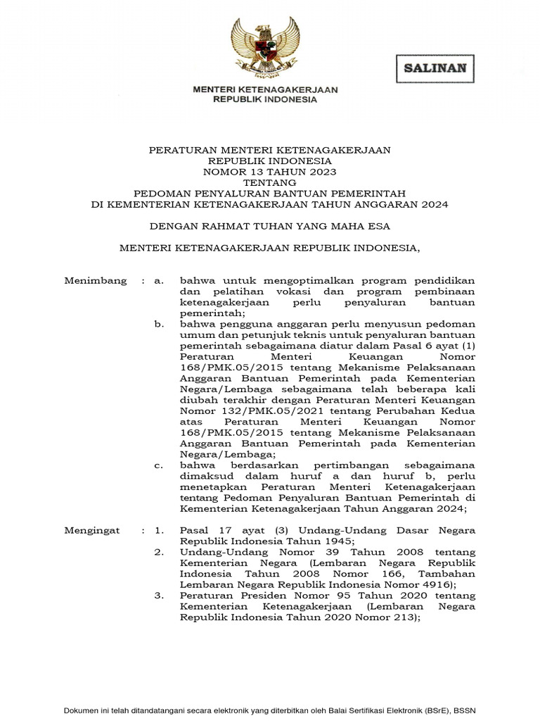 Permenaker Nomor 13 Tahun 2023 | PDF