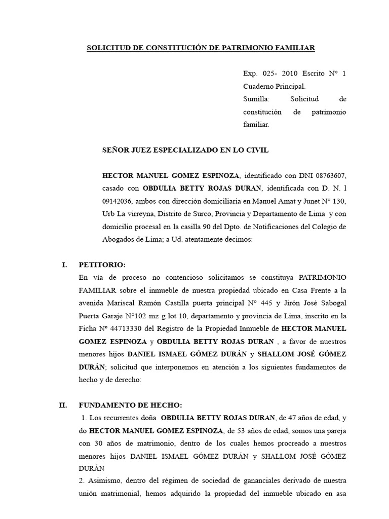 Solicitud de Constitución de Patrimonio Familiar | PDF | Documento de ...