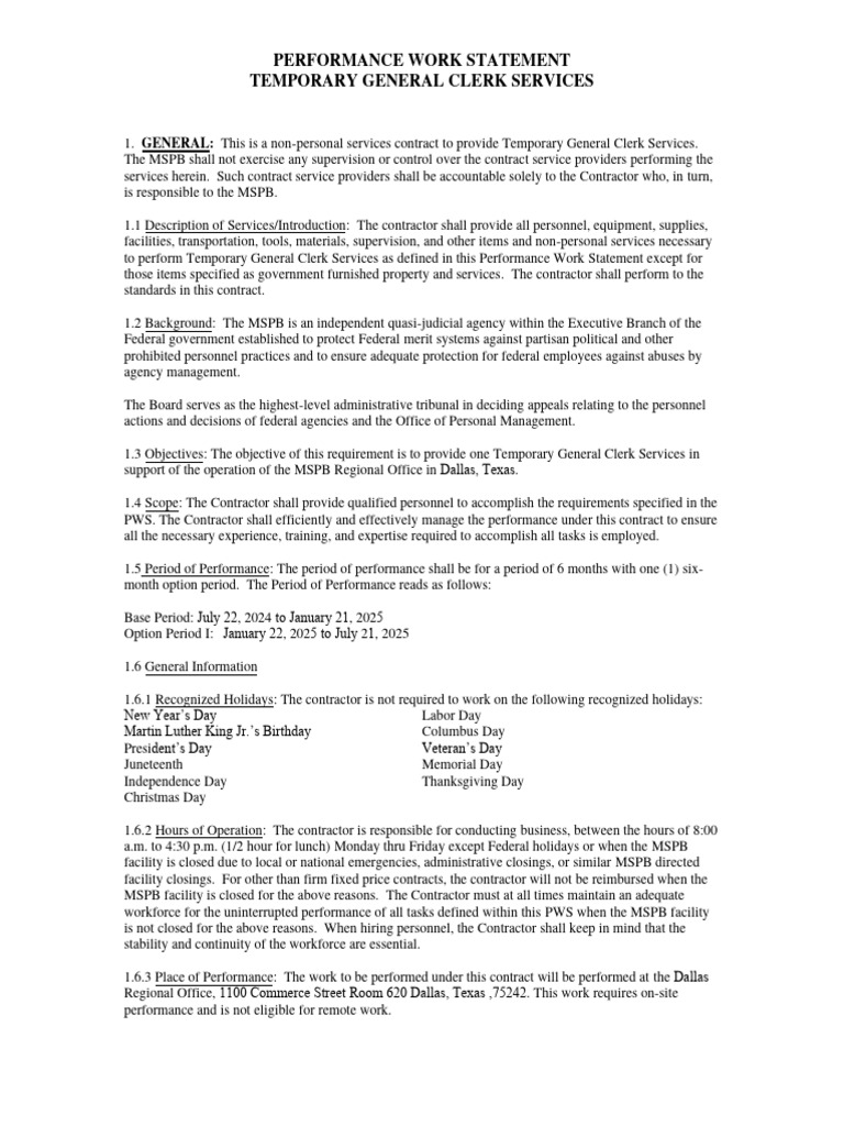 Performance Work Statement PWS DALLAS Temporary Support.-Update ...