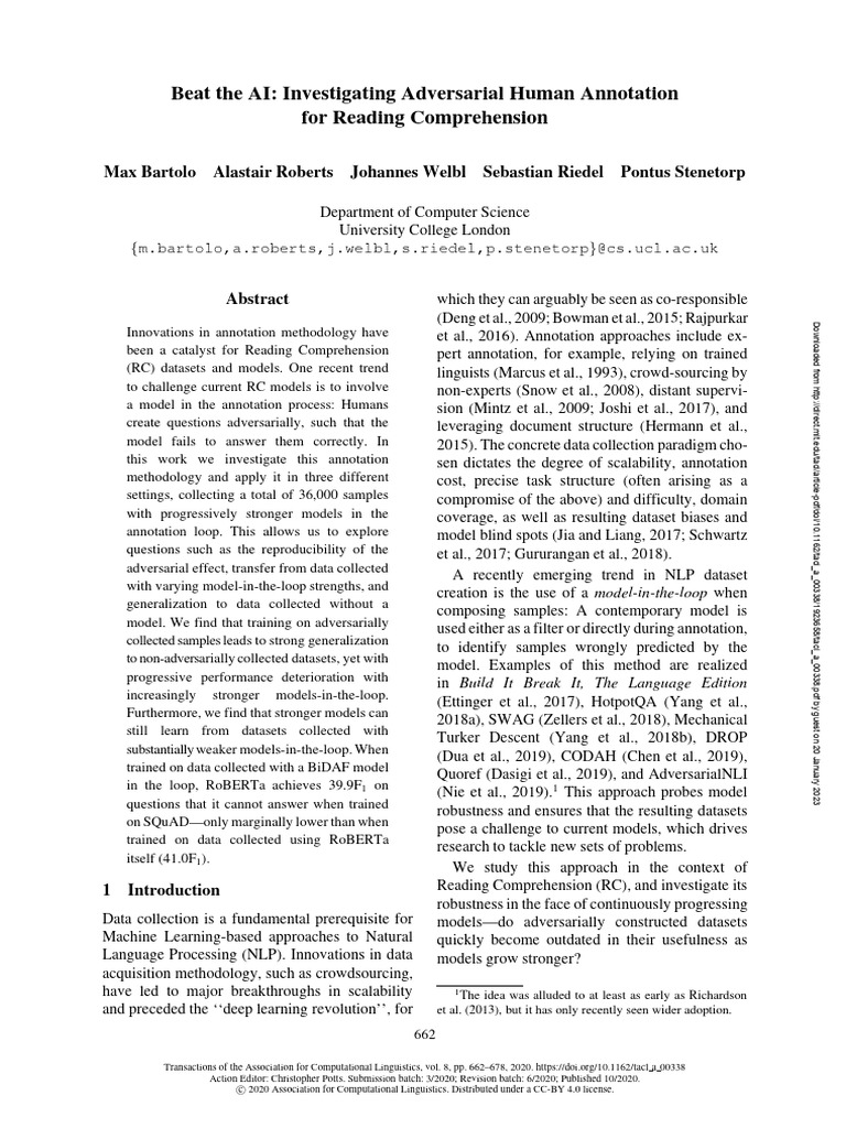 Bartolo2020 - Beat The AI - Investigating Adversarial Human Annotation For Reading Comprehension ...