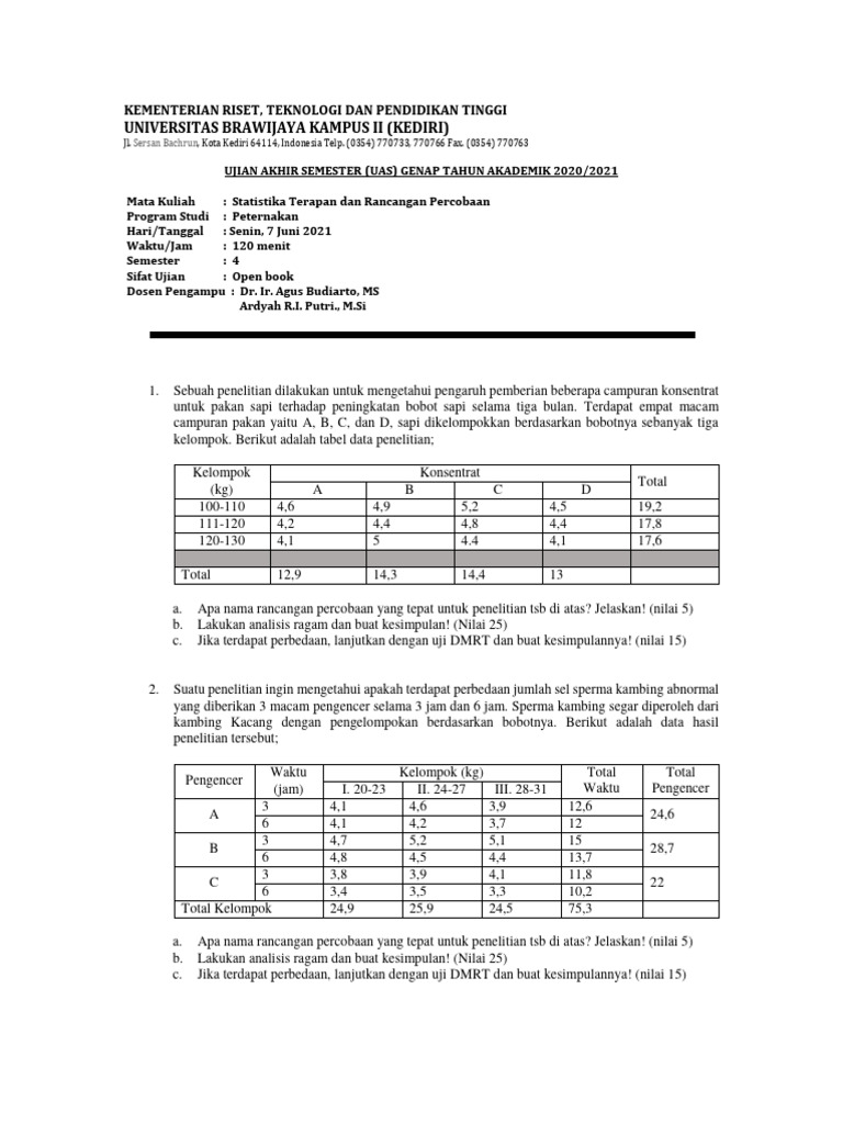 Psdku Uas Stat - Rancob Genap 2021 | PDF