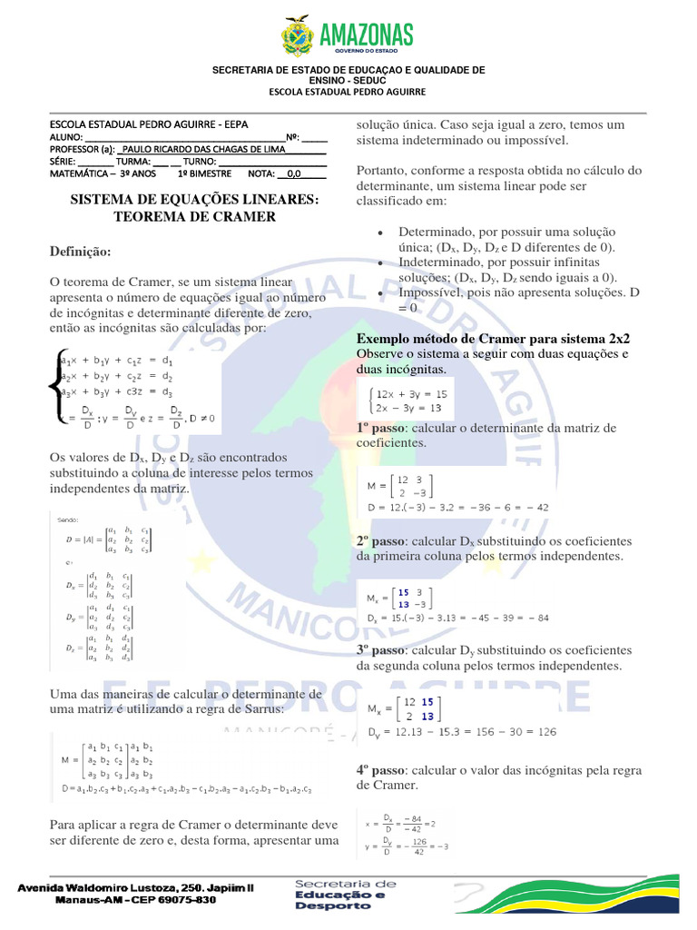 Teorema de Cramer em Sistemas Lineares | PDF | Determinante | Equações