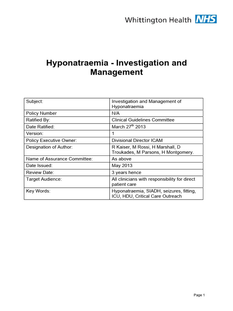 Hyponatraemia: Diagnosis and Treatment Guide | PDF | Endocrine System ...