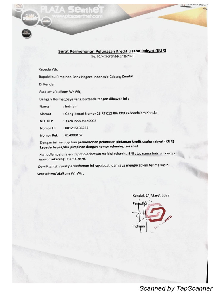 Surat Permohonan Pelunasan KUR BNI | PDF