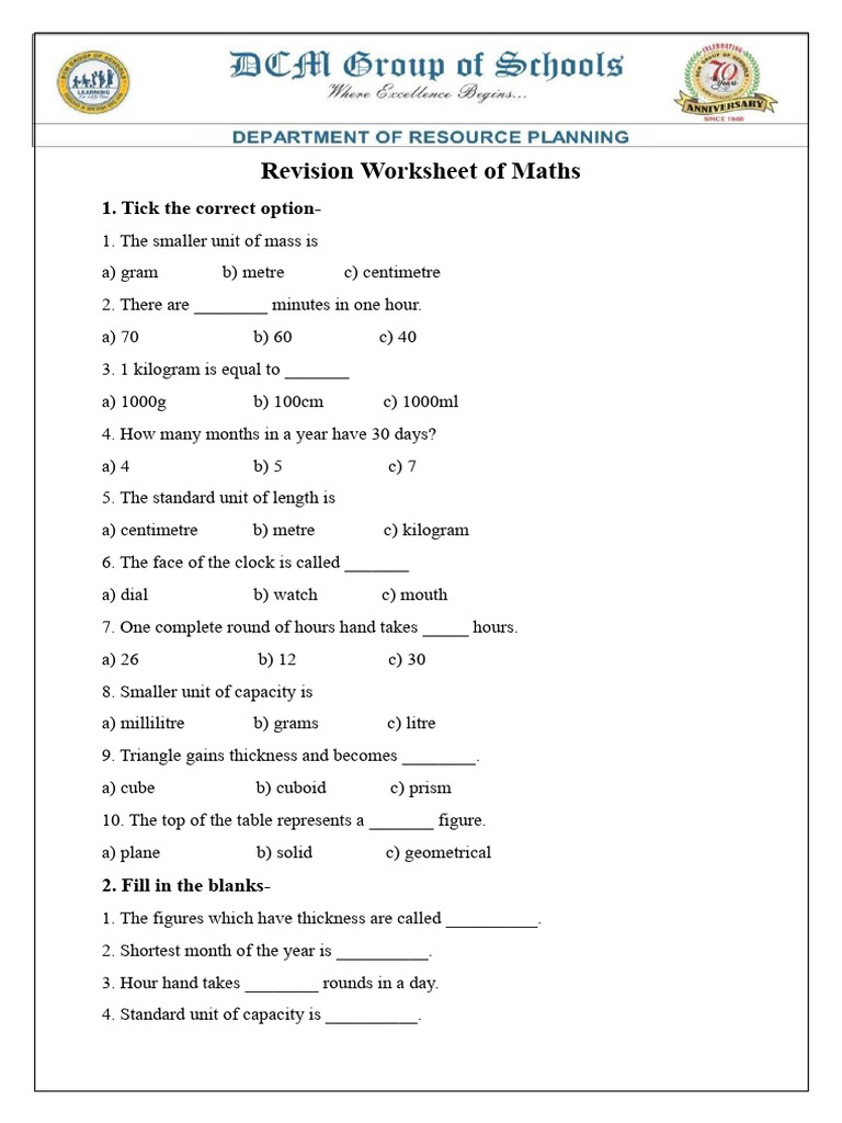 Revision Worksheet of Maths | PDF | Litre | Length